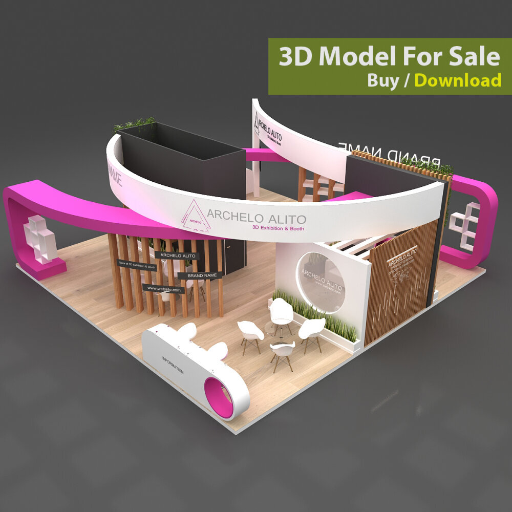 Trade Show Exhibit Booth with Curved Displays and Seating Area 3D model ...