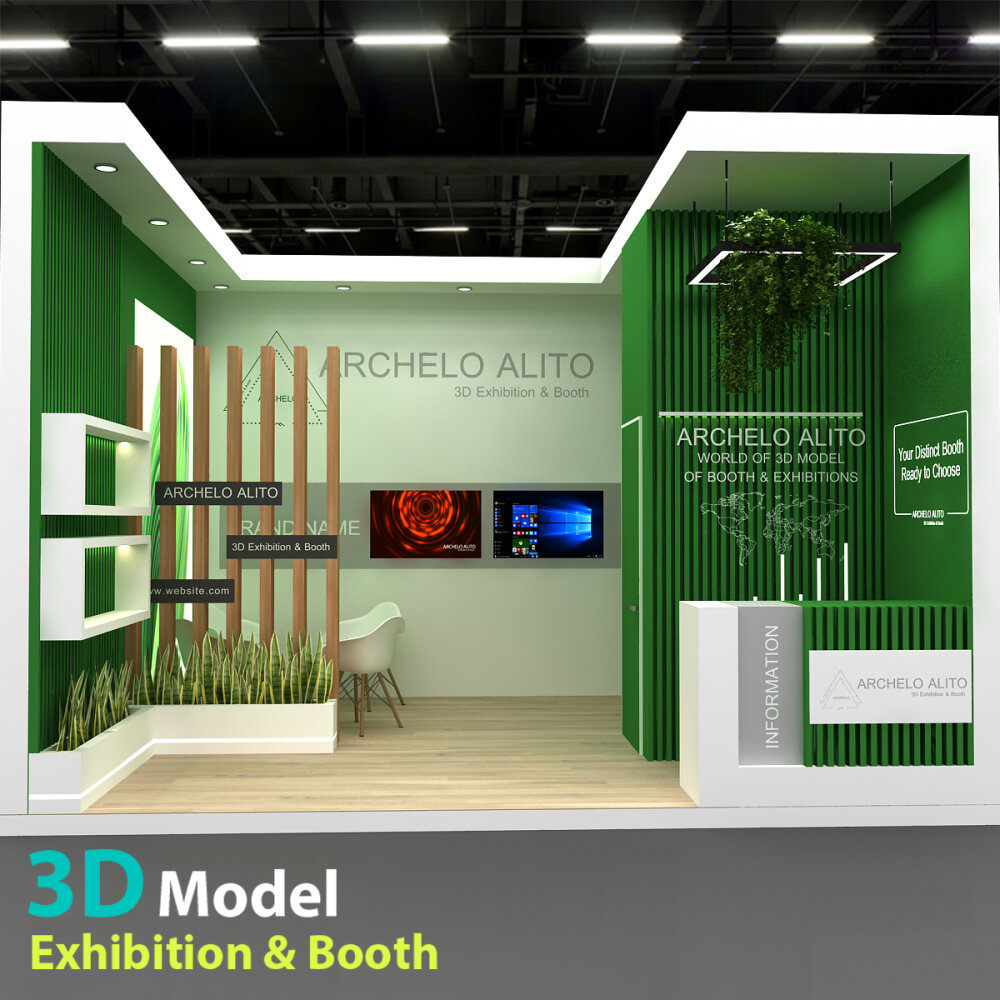 Stand Exposition avec Accents Verts et Comptoir Information Modèle 3D ...