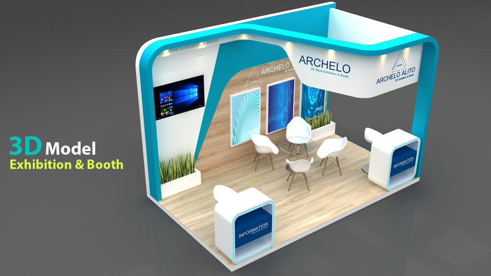 Stand de Salon avec Kiosque d’Information et Sièges Modèle 3D ...