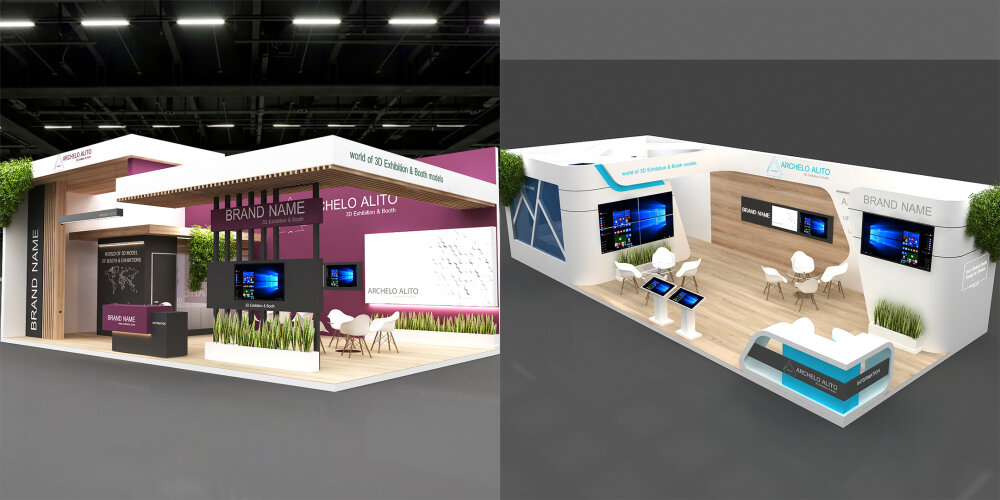 2-Sided Open Exhibition Booth Collection 3D model - Download Commercial ...