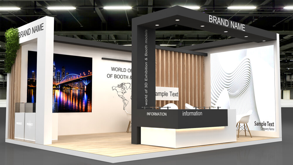 Exhibition Booth with Interactive Information Kiosk and Seating Area 3D ...
