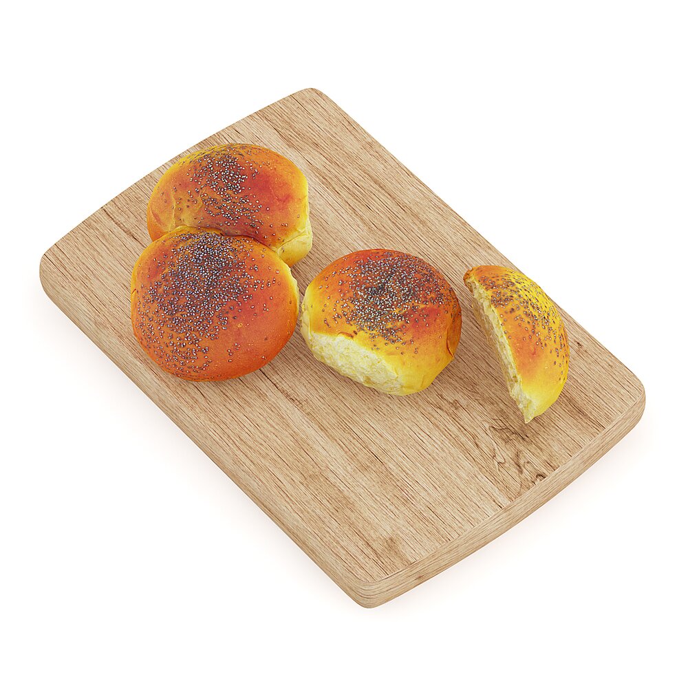 Sliced Bun with Poppy Seeds on Wooden Board 3D model - Download Dairy ...