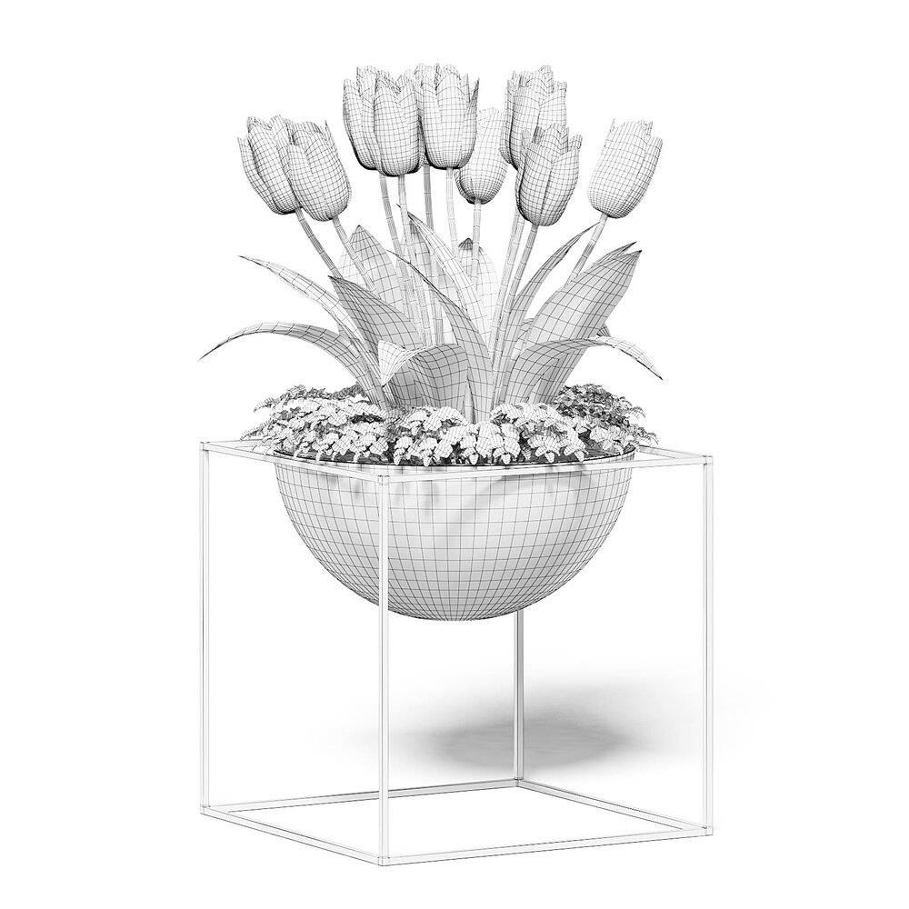 우아한 흰색 튤립과 어두운 둥근 화분 3D 모델 - 다운로드 꽃들 on 3DModels.org