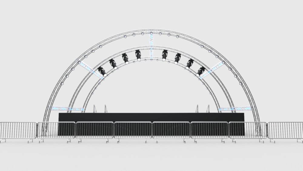 Arched Truss Lighting Rig with Elevated Stage Platform and Barrier ...