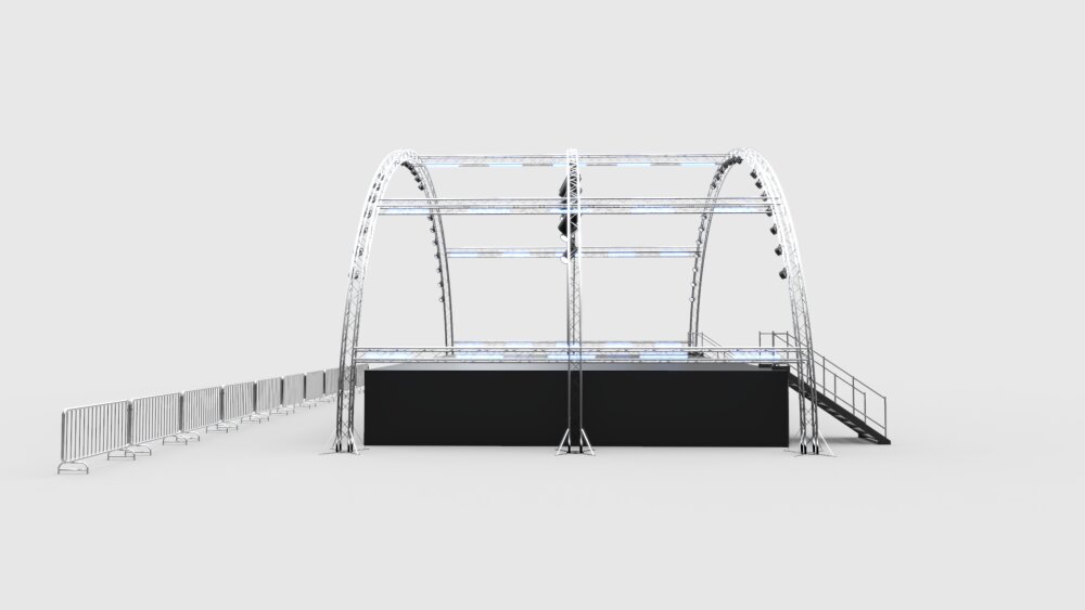 Arched Truss Lighting Rig with Elevated Stage Platform and Barrier ...