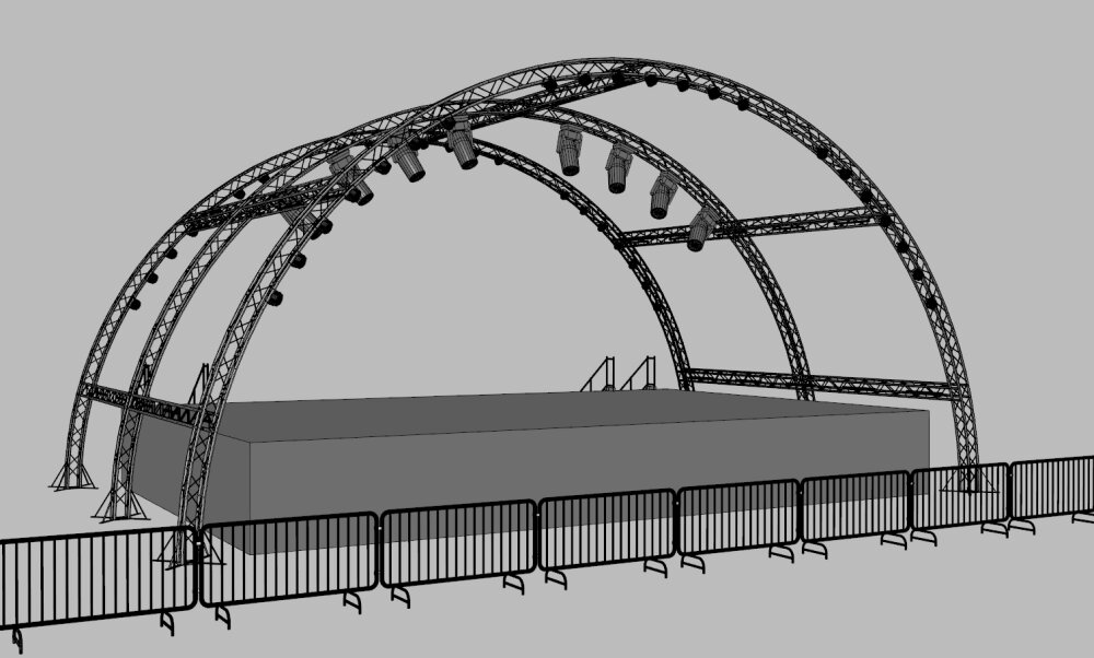 Arched Truss Lighting Rig with Elevated Stage Platform and Barrier ...