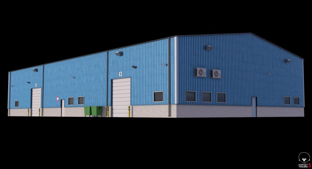 Industrial Warehouse Building with Blue Exterior and Multiple Loading ...