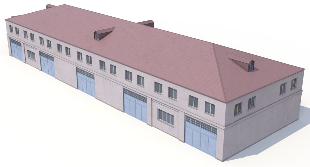 Warehouse Building with Red Roof and Multiple Entrances 3D model ...