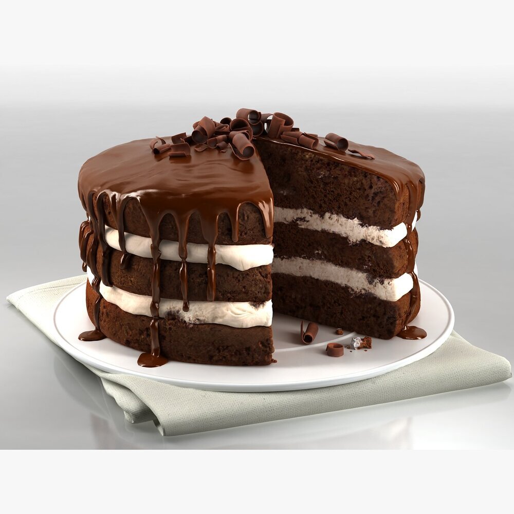 Chocolate Layer Cake with Cream Filling and Ganache Drizzle 3D model ...