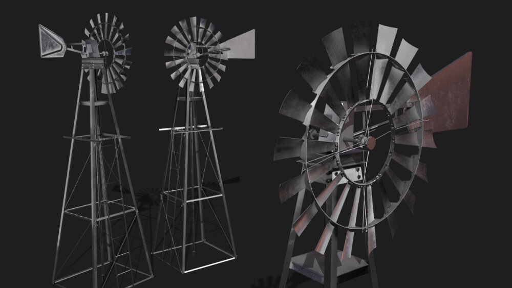 Vintage Metal Windmill with Triangular Base and Rotor Blades 3D model ...