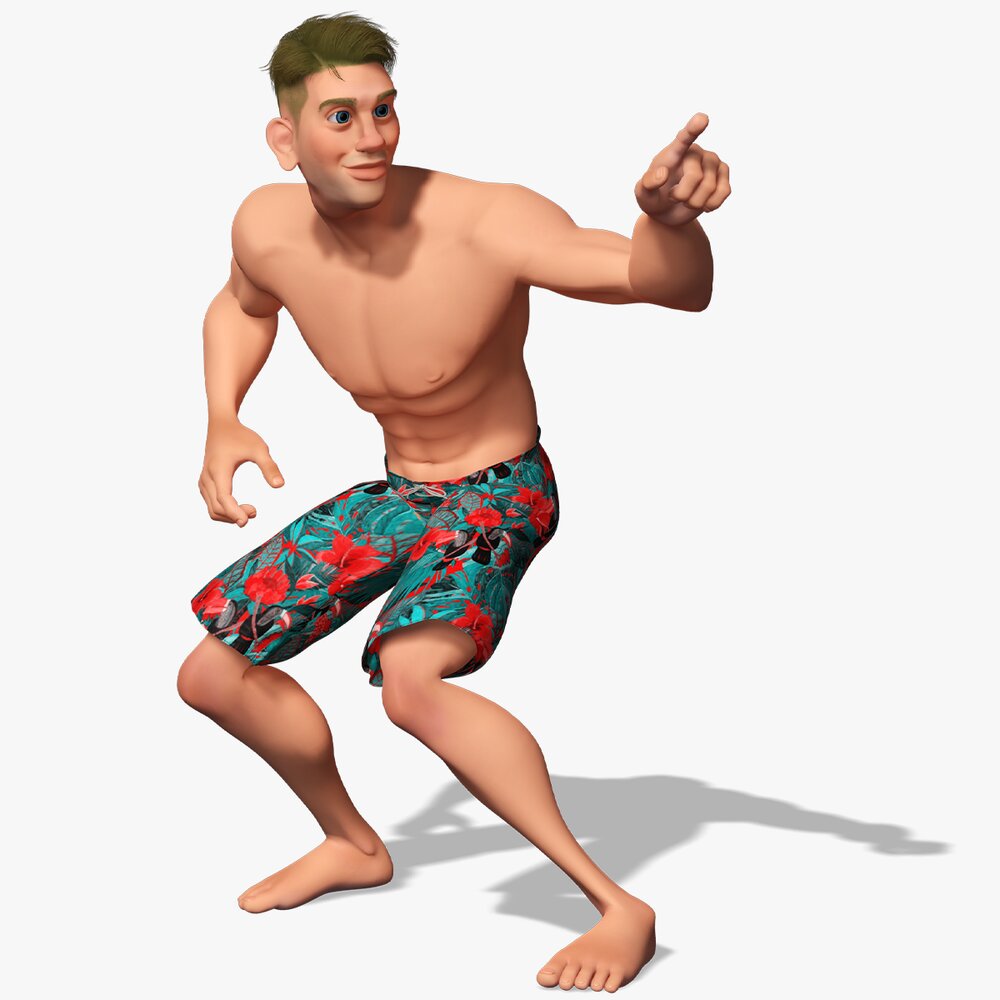 Cartoon Young Man in Swimming Trunks Semi-realistic Rendering 3D model ...