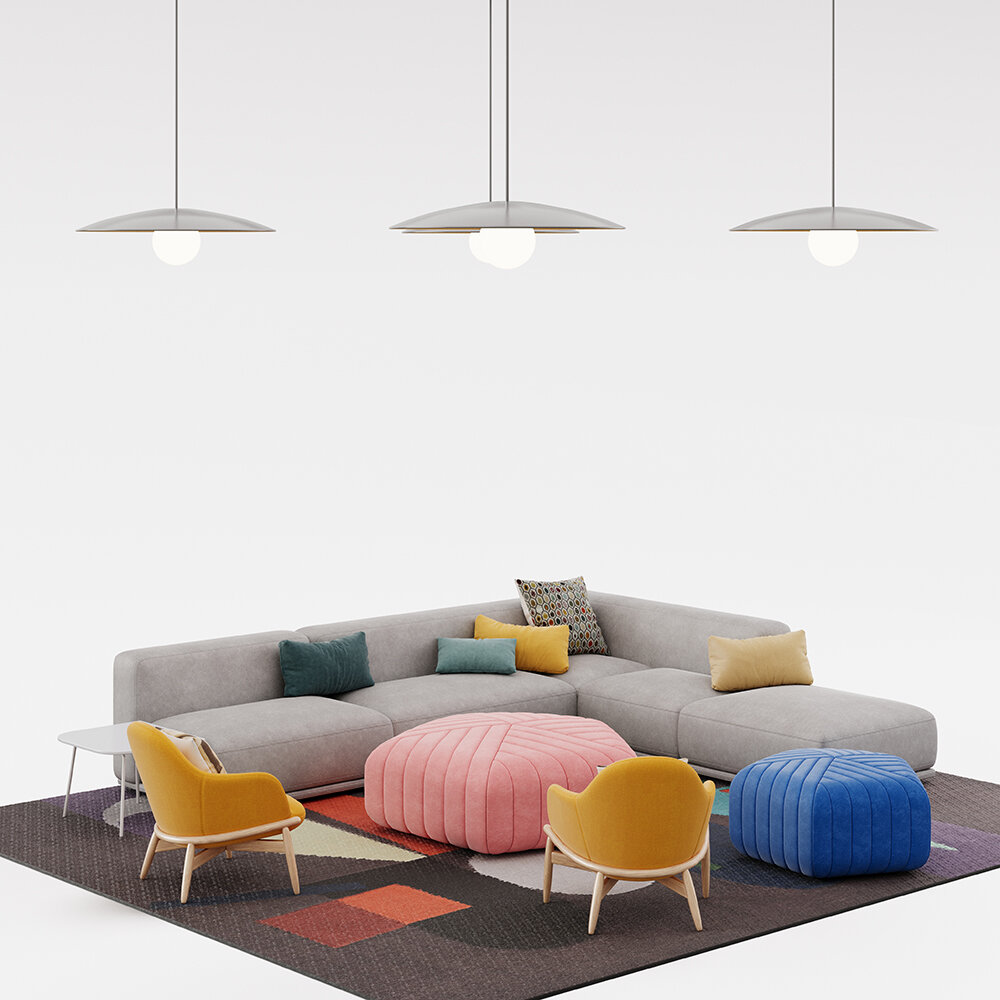 Modular Gray Sectional Sofa with Colorful Cushions and Poufs 3D model ...