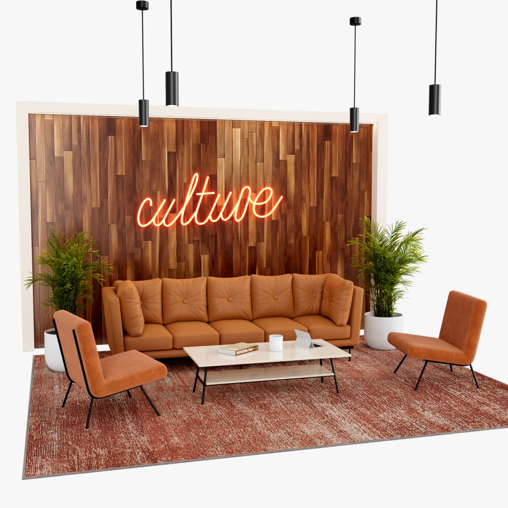 Lounge Seating Set with LED Wall Art and Wood Panel Background 3D model ...