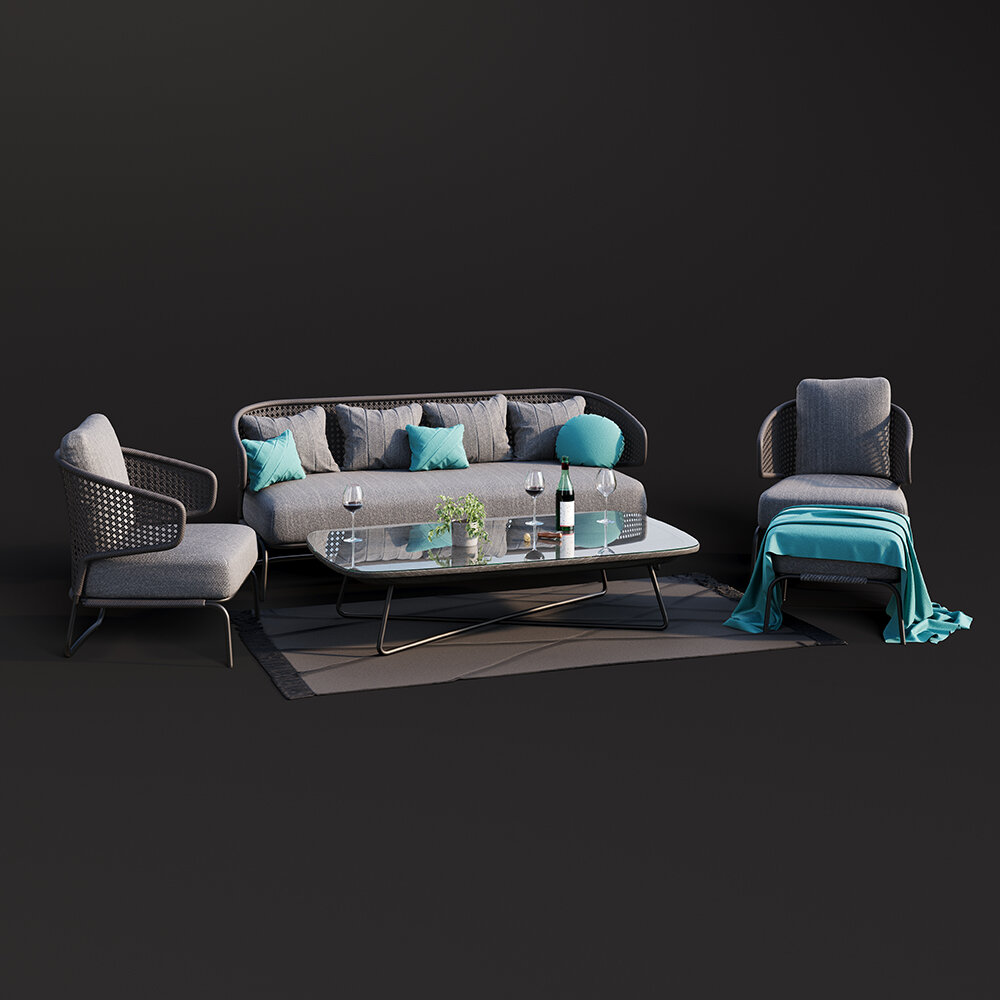 Outdoor Patio Furniture Set with Cushions and Glass Tabletop 3D model ...