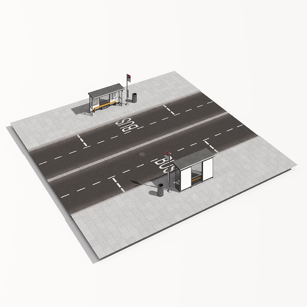Bus Stop with Dual Shelter and Bike Rack on Urban Roadway 3D model ...