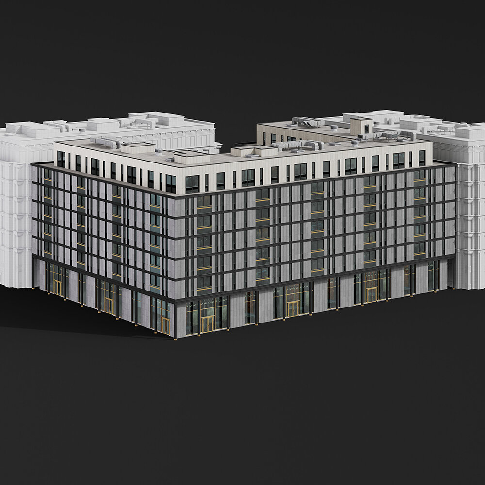 Urban Architecture with Glass Facade and Roof Structures 3D model ...