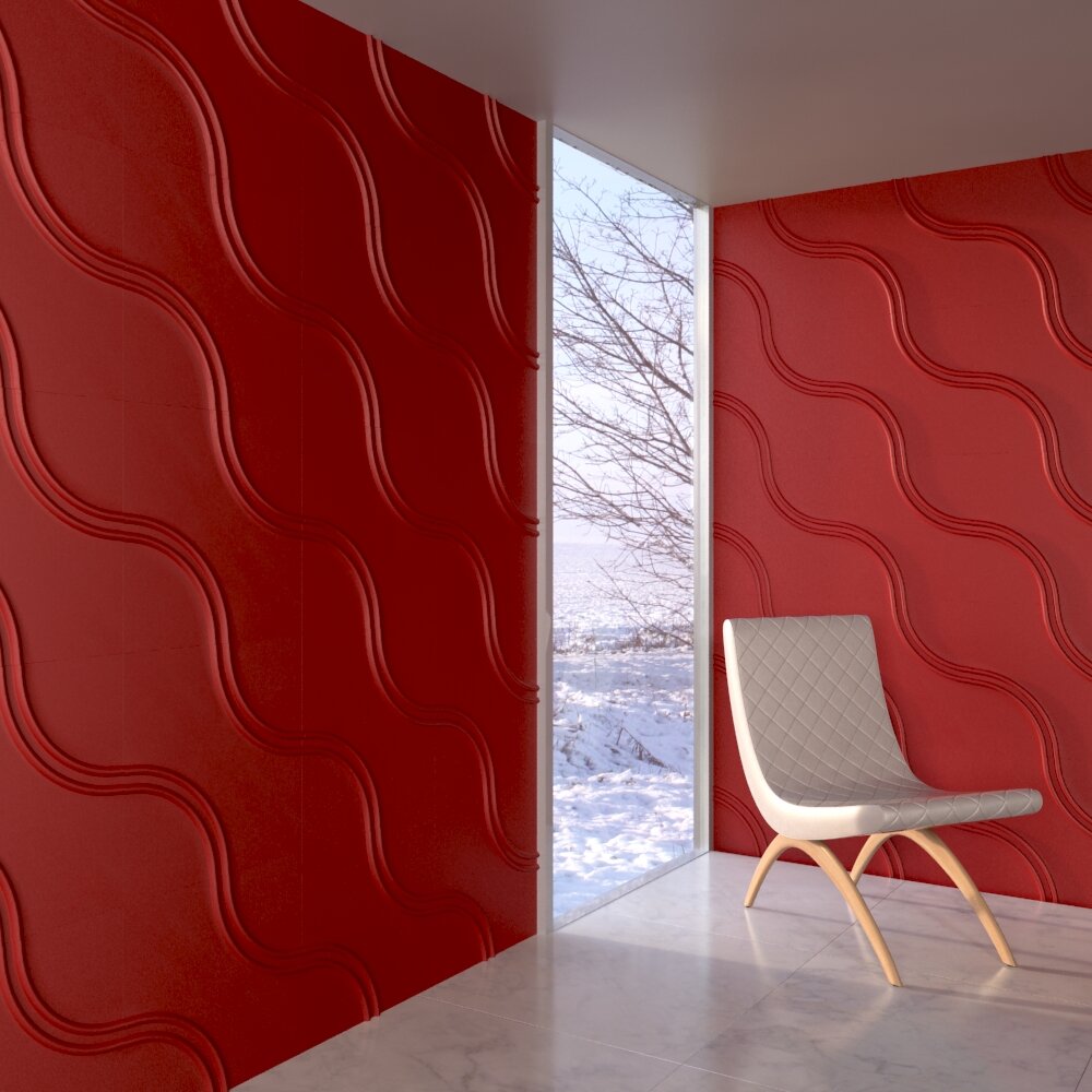 Paneles de Pared Ondulados Rojos con Silla Elegante Modelo 3D ...