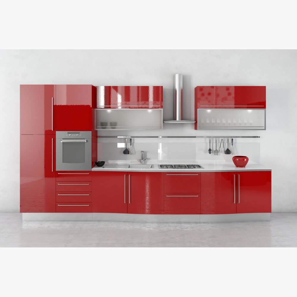 Modern Red Kitchen Cabinetry 3D model - Download Furniture Set on ...