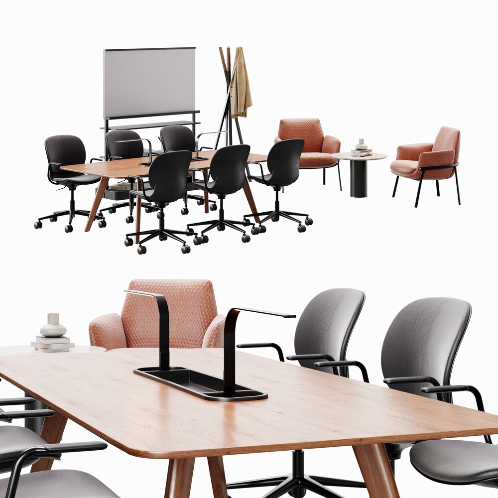 Oval Conference Table with Office Chairs and Presentation Easel 3D ...
