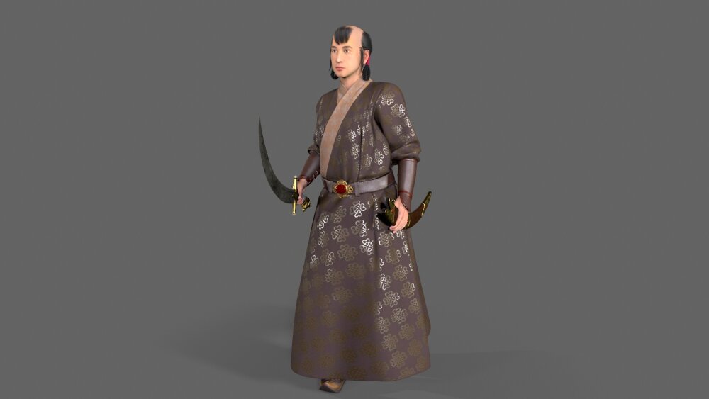Mongol Warrior in Traditional Attire with Dual Swords 3D model ...