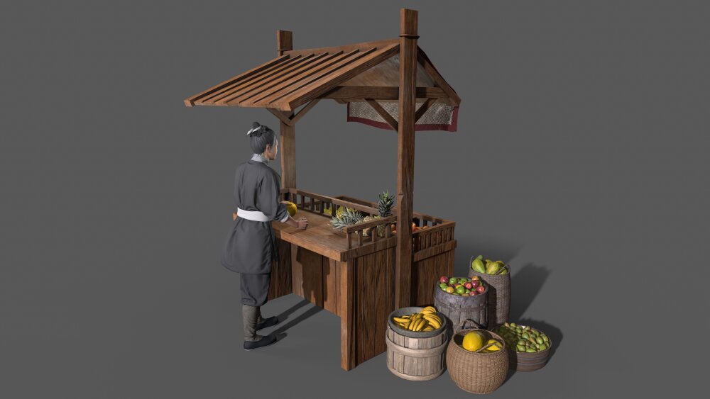 Traditional Wooden Market Stall with Vendor 3D model - Download ...
