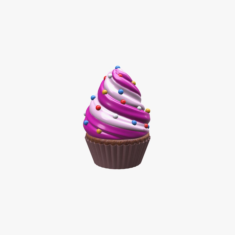 Cupcake with Pink Swirl Frosting and Sprinkles in Chocolate Wrapper 3D ...