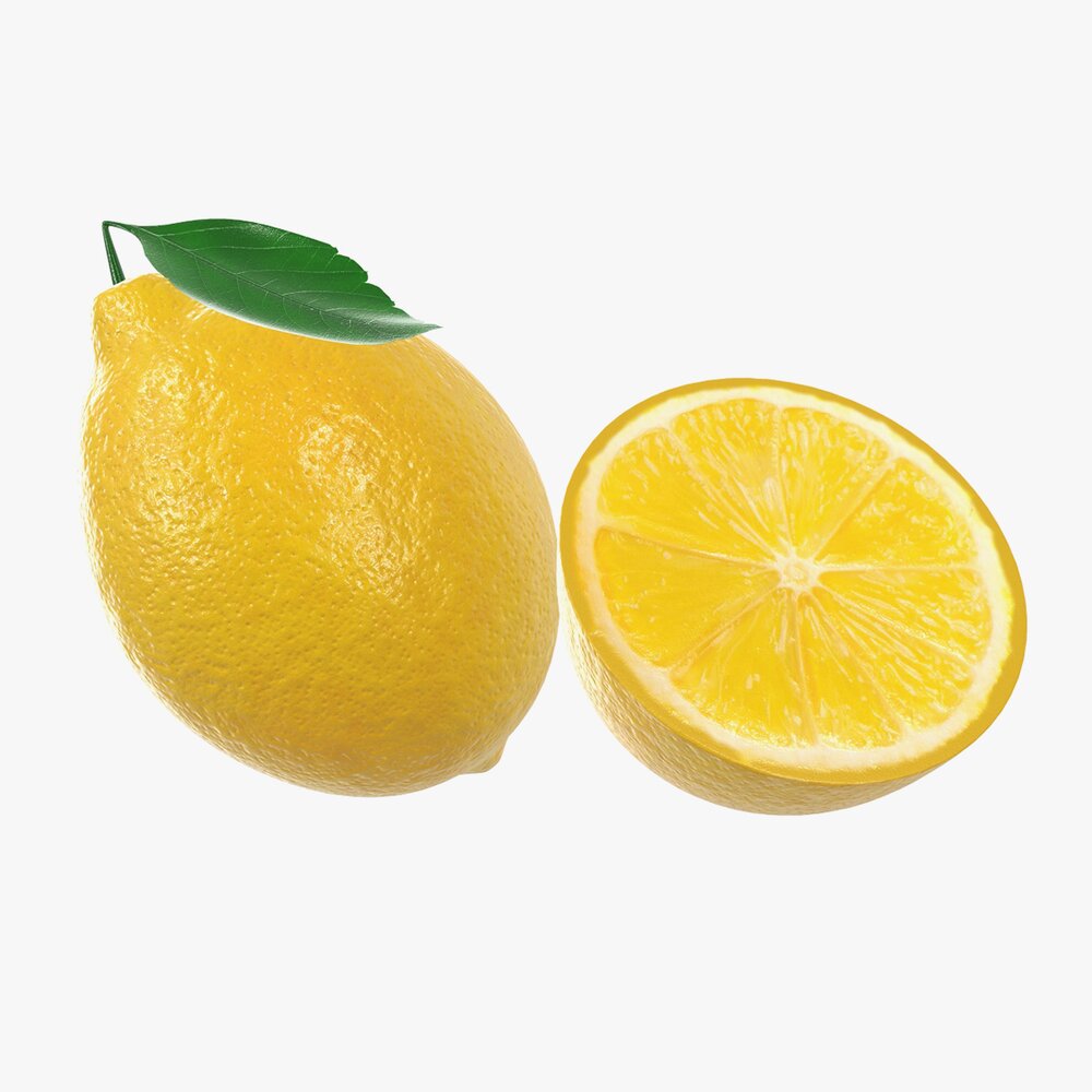 Fresh Lemon With Slice And Leaf 3D model - Download Fruit on 3DModels.org