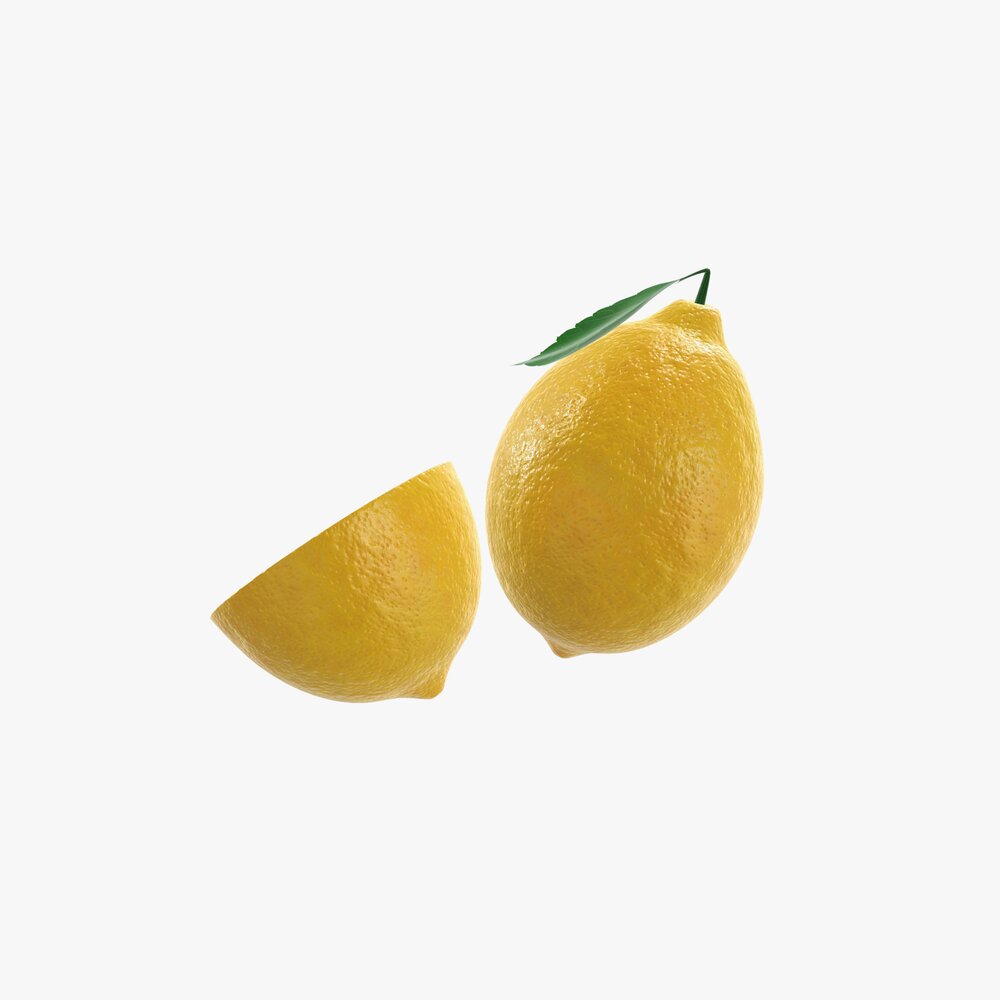 Fresh Lemon With Slice And Leaf 3D model - Download Fruit on 3DModels.org