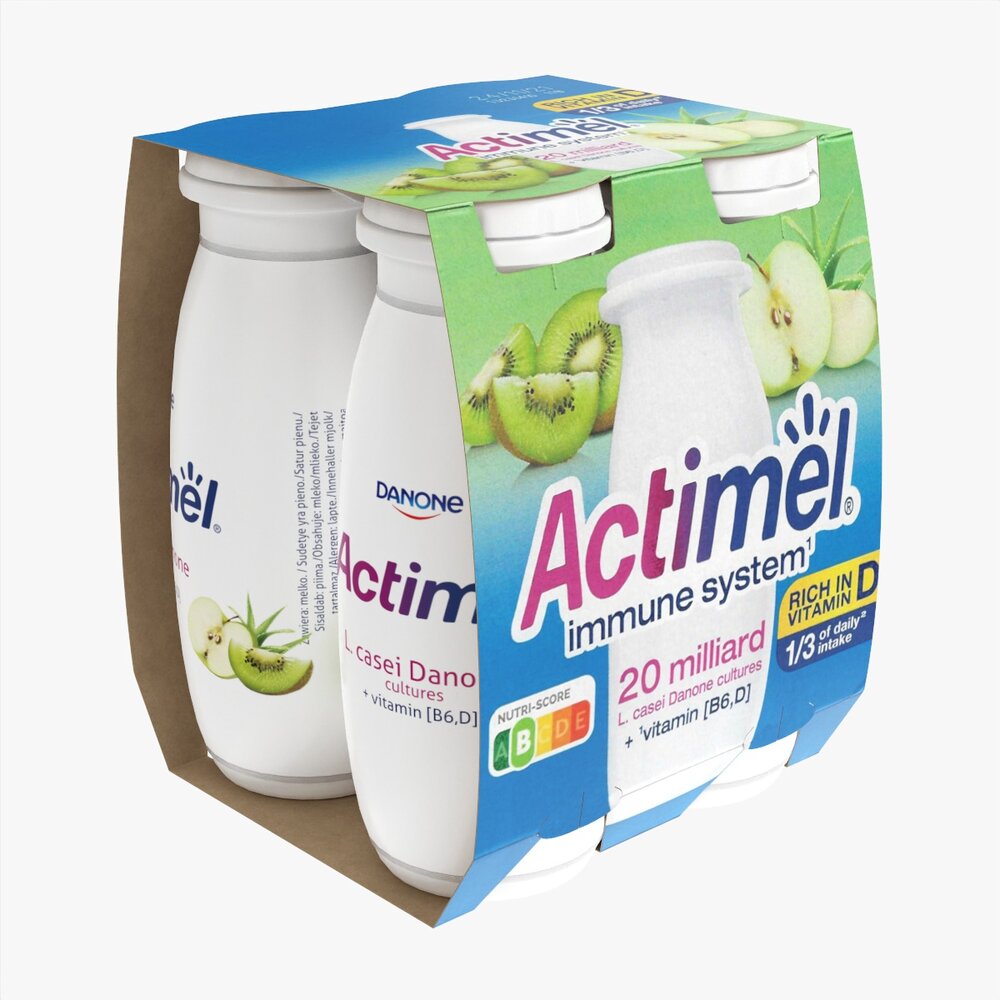 Danone Actimel 4 Bottles Pack 3D model - Download Bottles, Cans on ...