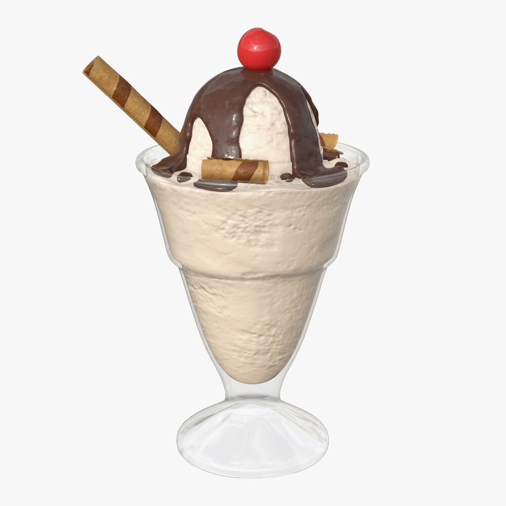 Ice Cream With Chocolate And Cherry In Glass Dish 3D model - Download ...