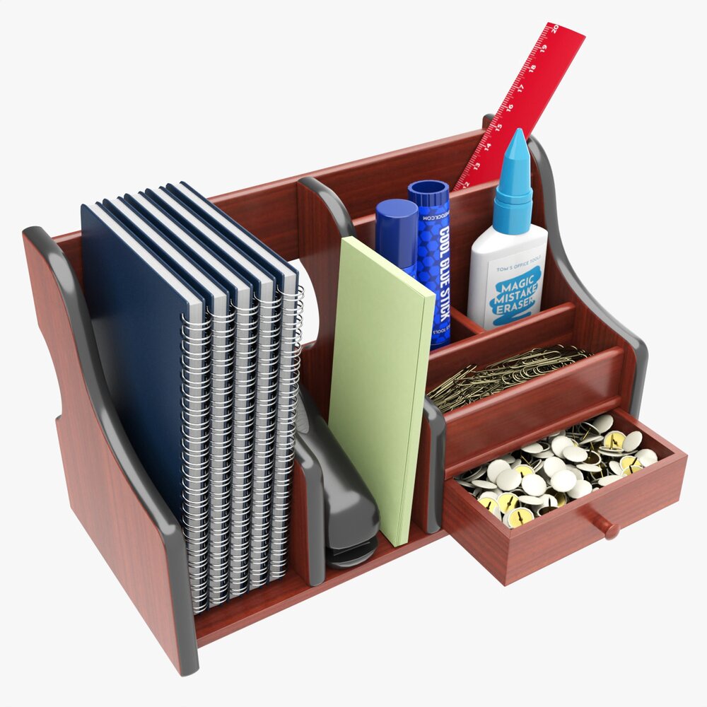 Office Wood Organizer With Supplies 01 3D model - Download Stationery ...