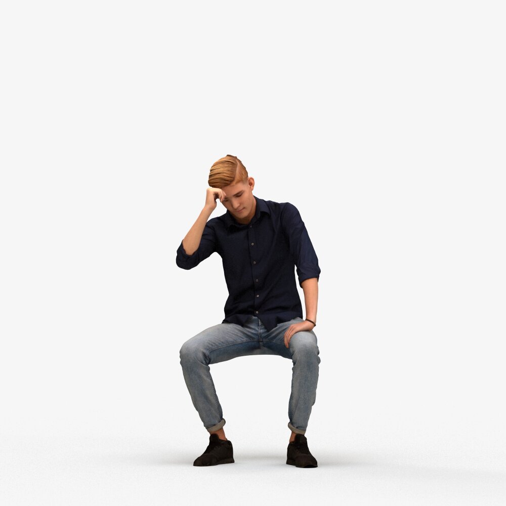 Seated Man in Casual Attire with Hand on Head 3D model - Download ...