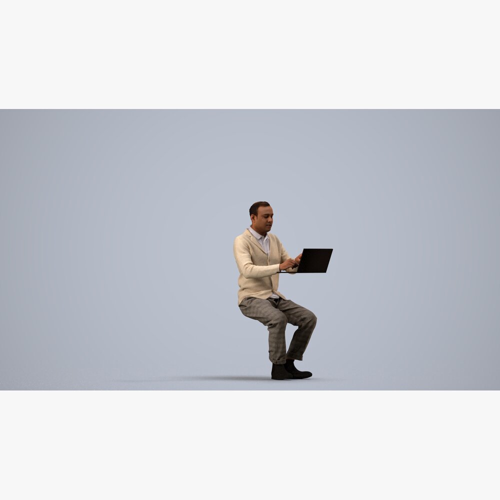 Man Sitting On a Stool Using a Laptop 3D model - Download Character on ...