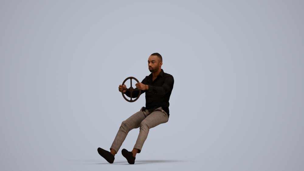 Man Holding a Vintage Steering Wheel in Casual Attire 3D model ...