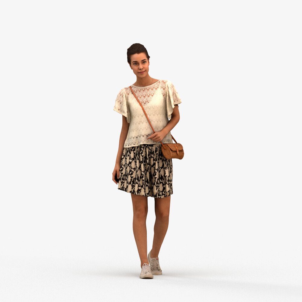 Woman in Casual Summer Outfit with Patterned Skirt and Lace Top 3D ...