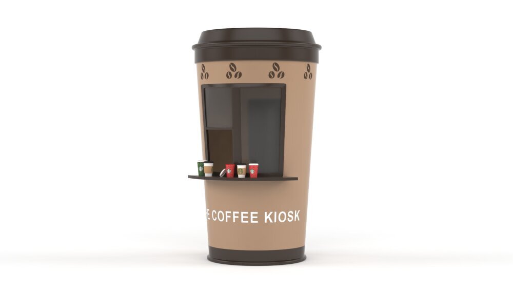 Coffee Kiosk Shaped like a Takeaway Cup with Display Shelf 3D model ...