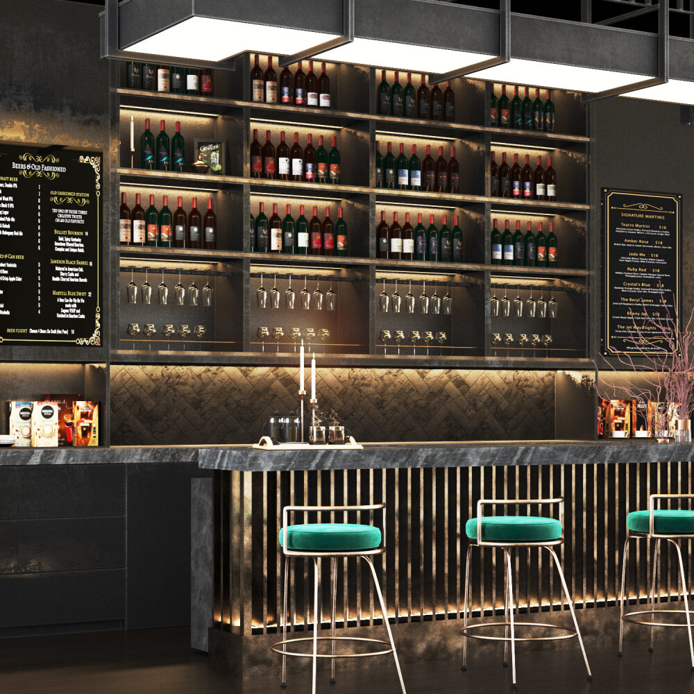 Chic Bar Counter with Backlit Shelving and Neon Accents Modello 3D ...
