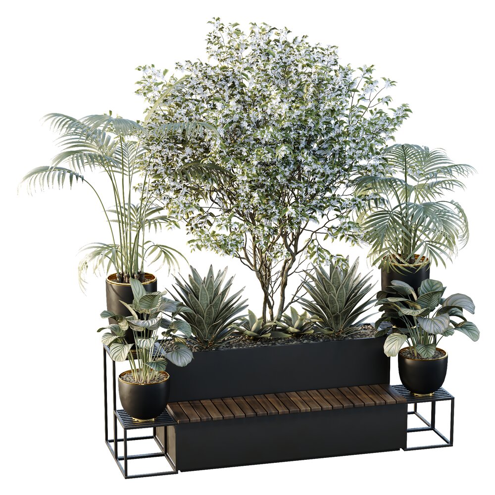 Wooden Bench with Potted Tree Urban Greenery 3D model - Download Trees ...