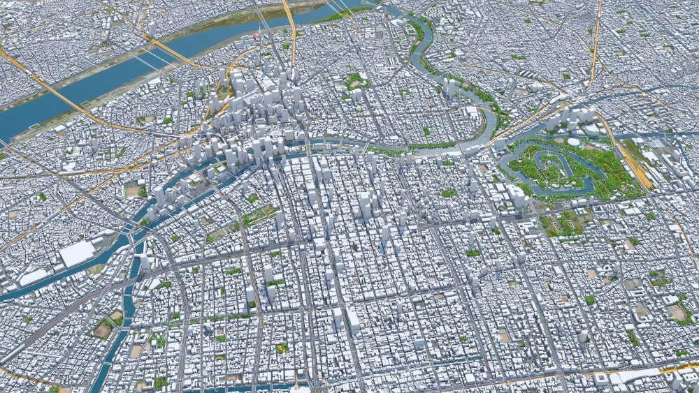 오사카시 일본 100km 3D 모델 - 다운로드 도시 건 켜기 3DModels.org
