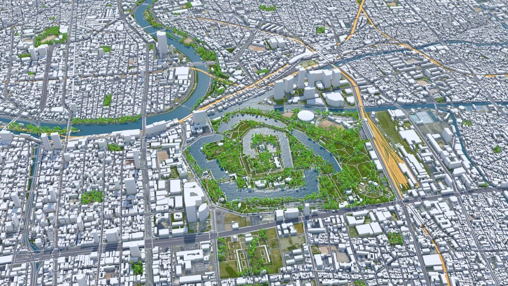 오사카시 일본 100km 3D 모델 - 다운로드 도시 건 켜기 3DModels.org