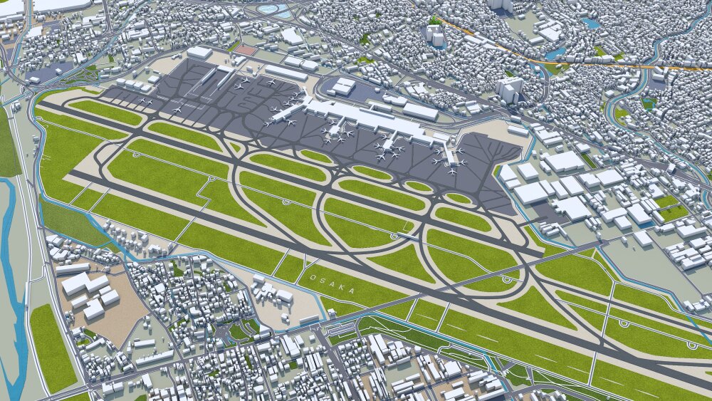 오사카시 일본 100km 3D 모델 - 다운로드 도시 건 켜기 3DModels.org