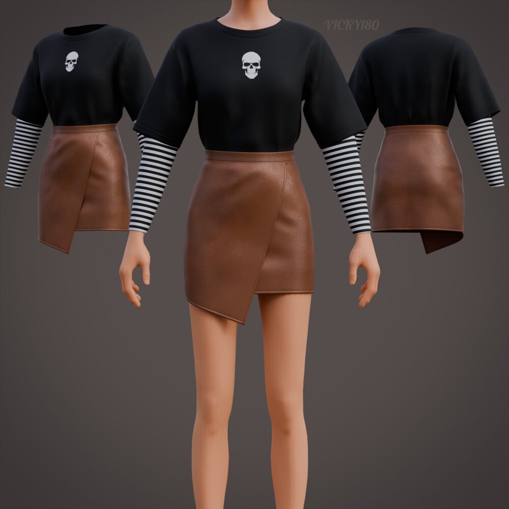 Goth Stripes Skull T-shirt Brown Leather Mini Skirt Emo Outfit 3D model ...