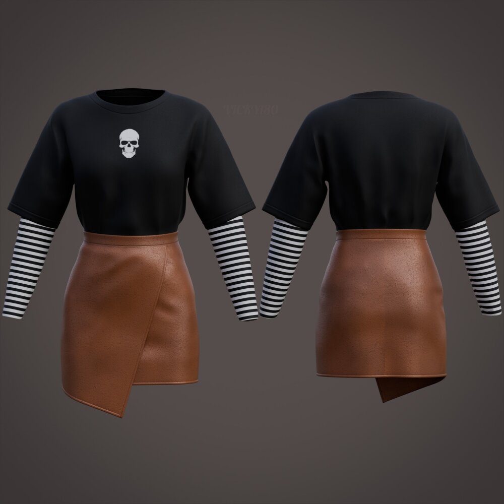 Goth Stripes Skull T-shirt Brown Leather Mini Skirt Emo Outfit 3D model ...