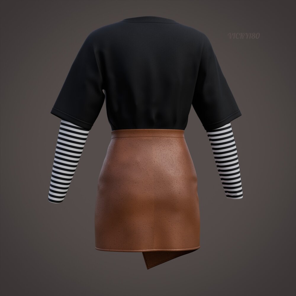 Goth Stripes Skull T-shirt Brown Leather Mini Skirt Emo Outfit 3D model ...