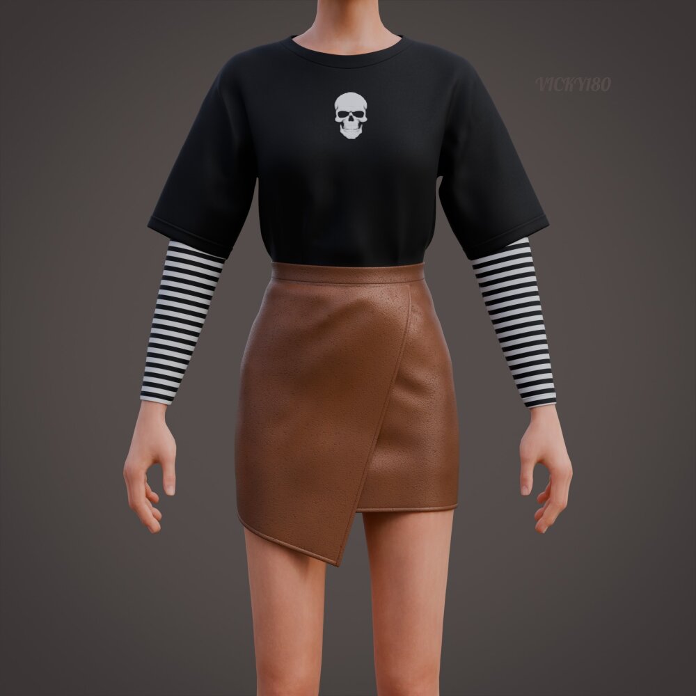 Goth Stripes Skull T-shirt Brown Leather Mini Skirt Emo Outfit 3D model ...