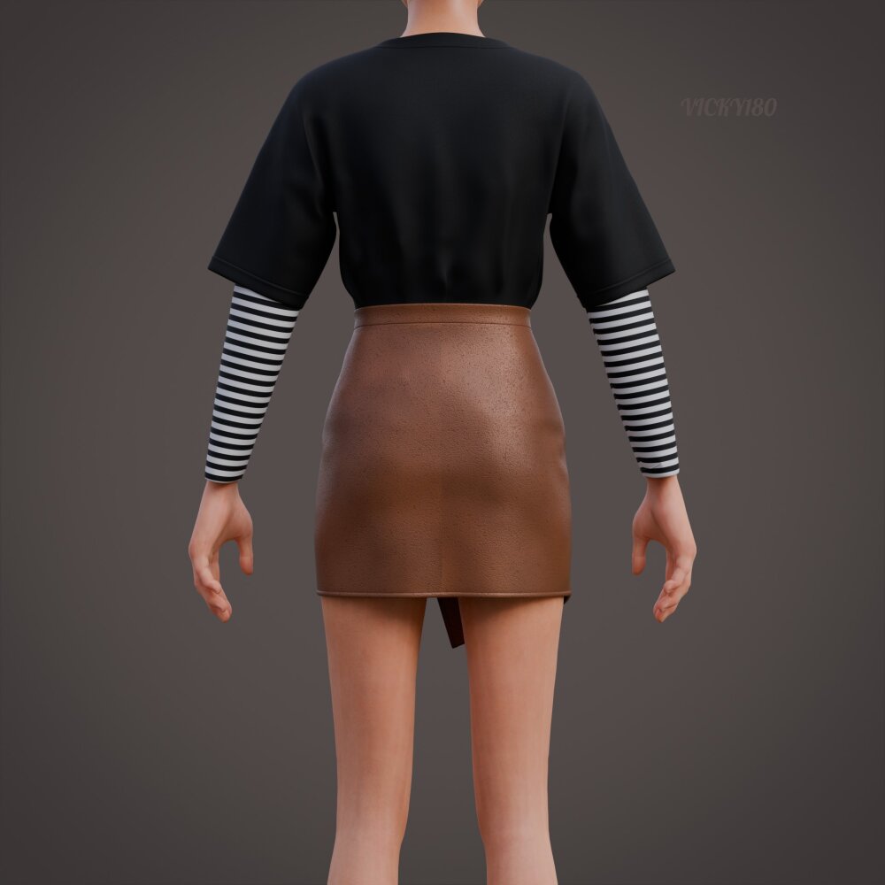 Goth Stripes Skull T-shirt Brown Leather Mini Skirt Emo Outfit 3D model ...
