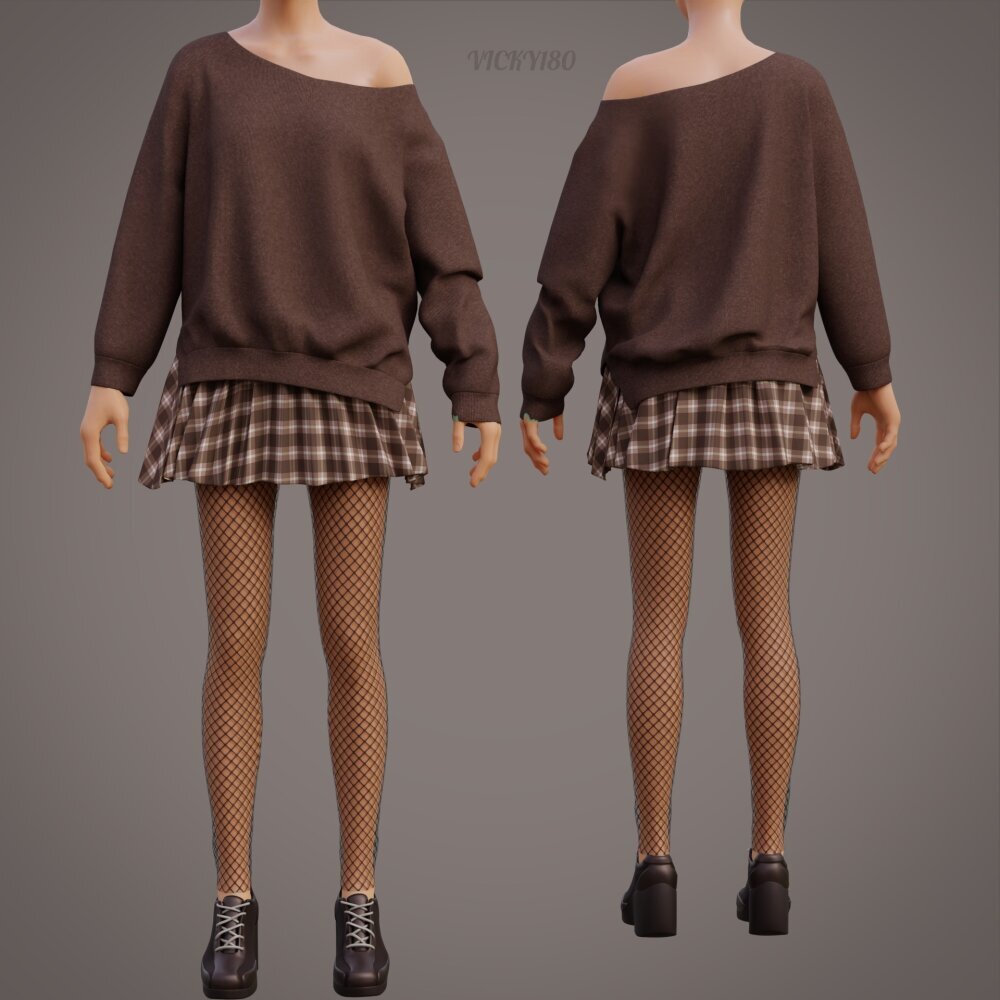 Plaid Mini Skirt Knit Sweater Cardigan Fishnet Tights Y2k Outfit 3D ...