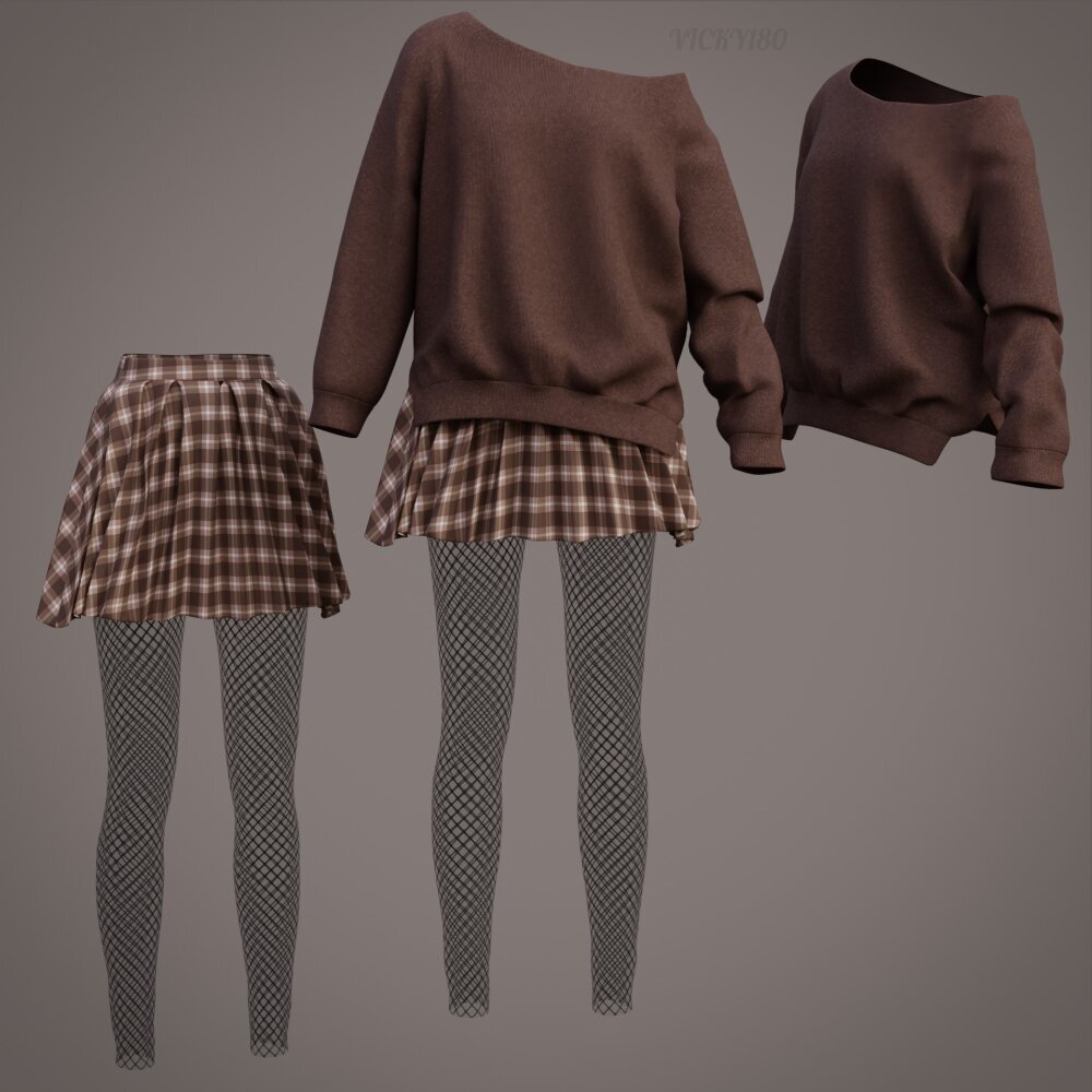 Plaid Mini Skirt Knit Sweater Cardigan Fishnet Tights Y2k Outfit 3D ...