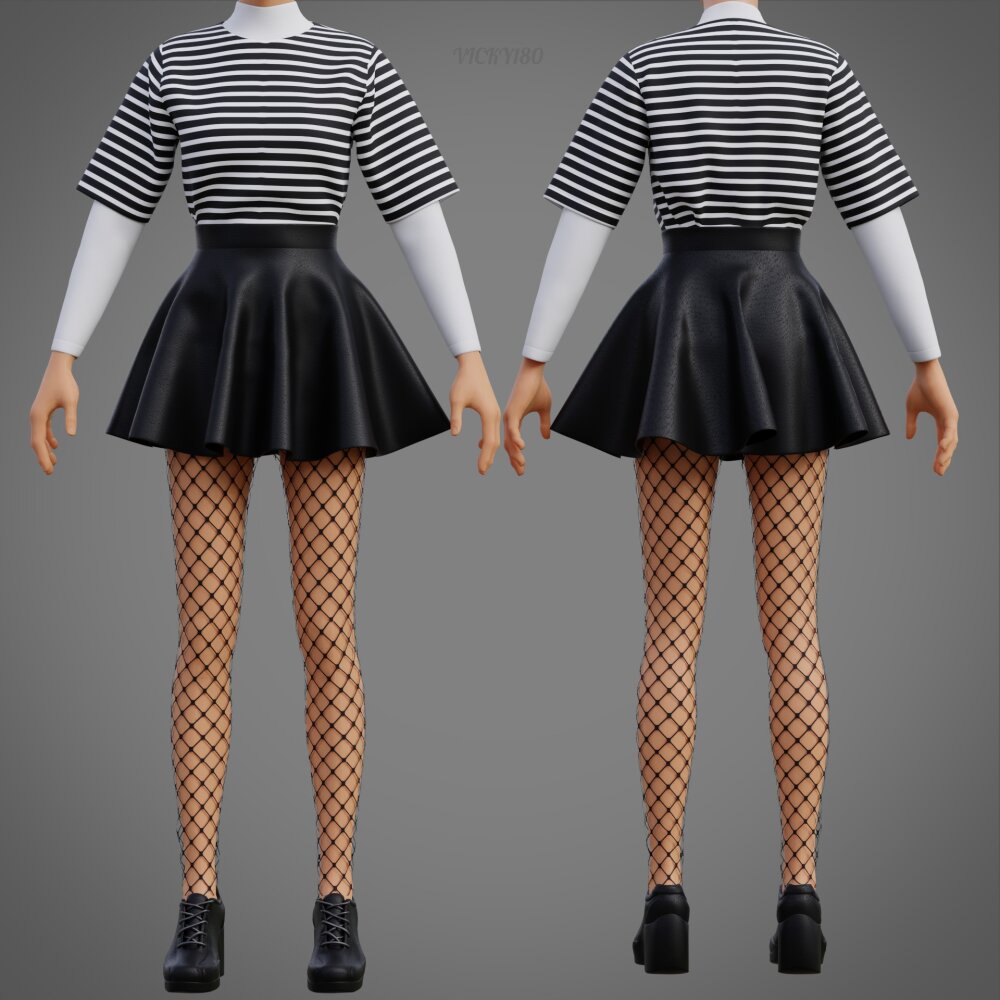 Stripes Shirt Leather Skirt and Tights Grunge y2k Fishnet Outfit 3D ...