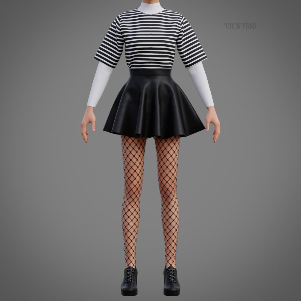 Stripes Shirt Leather Skirt and Tights Grunge y2k Fishnet Outfit 3D ...